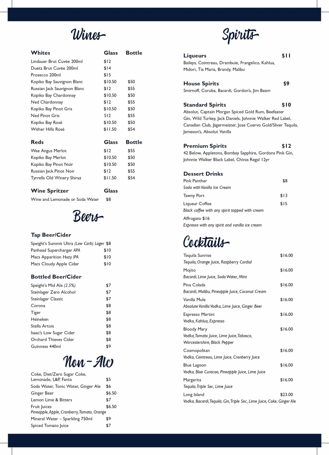 Drinks Menu - Blue Lagoon